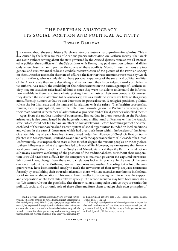 (PDF) The Parthian Aristocracy: its Social Position and Political ...