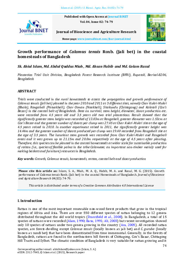 (PDF) Growth performance of Calamus tenuis Roxb. (Jali bet) in the ...