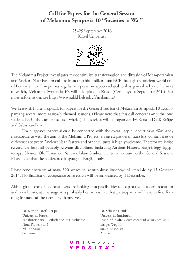 (PDF) Call for Papers for the General Sesson of Melammu Symposia 10 ...
