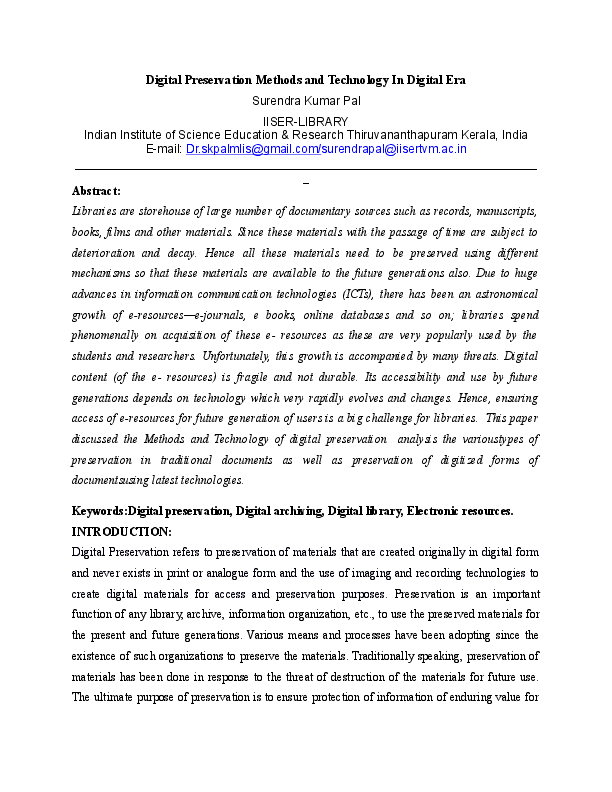 (PDF) Digital Preservation Methods and Technology In Digital Era