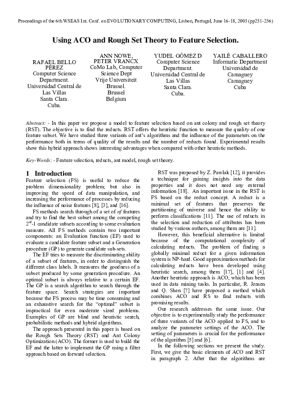(PDF) Using ACO and Rough Set Theory to Feature Selection