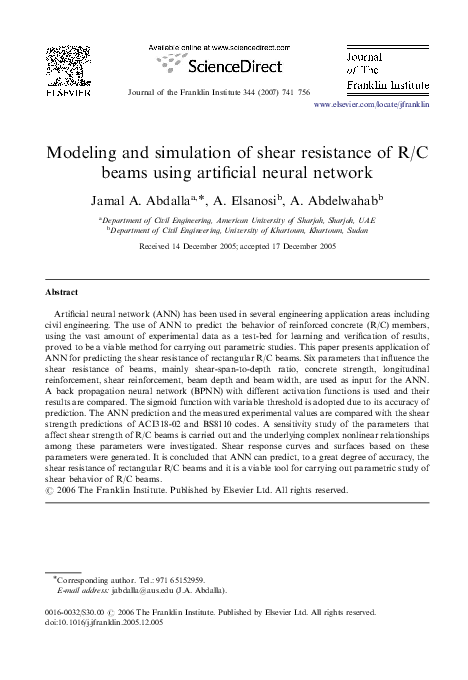 (PDF) MODELING AND SIMULATION OF SHEAR RESISTANCE OF R/C BEAMS USING ARTIFICIAL NEURAL NETWORK