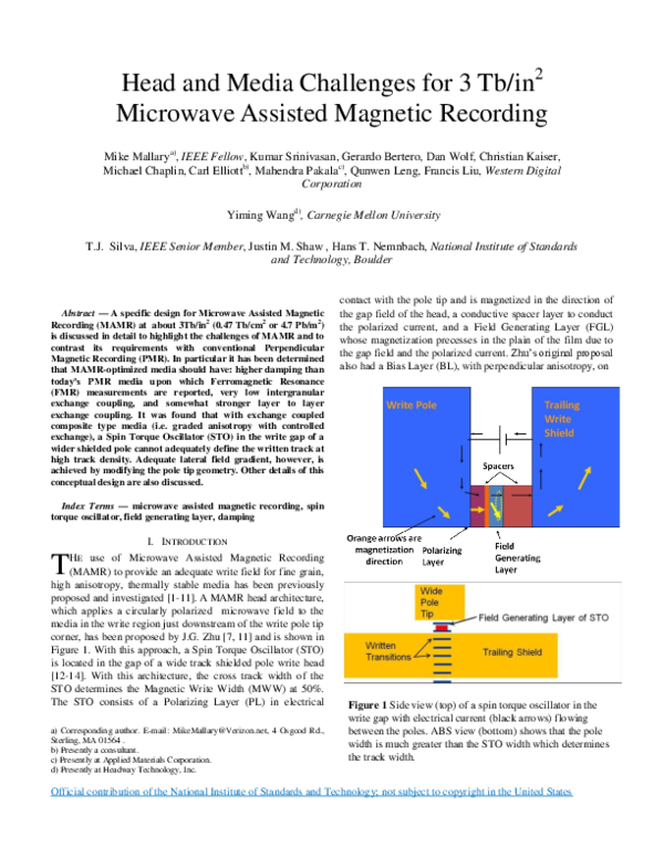 (PDF) Head and Media Challenges for 3 Tb/in2 Microwave Assisted ...