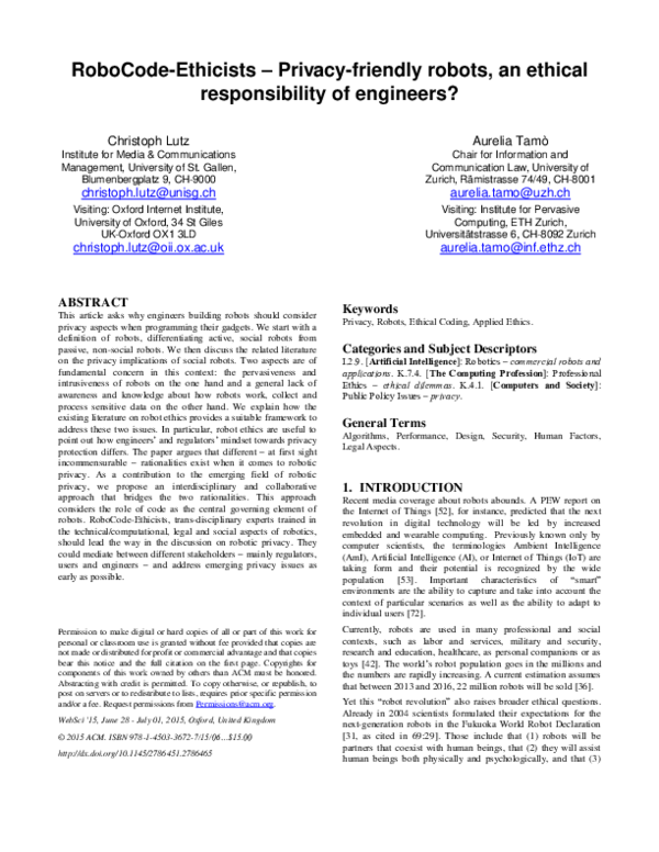 (PDF) RoboCode-Ethicists – Privacy-friendly robots, an ethical ...