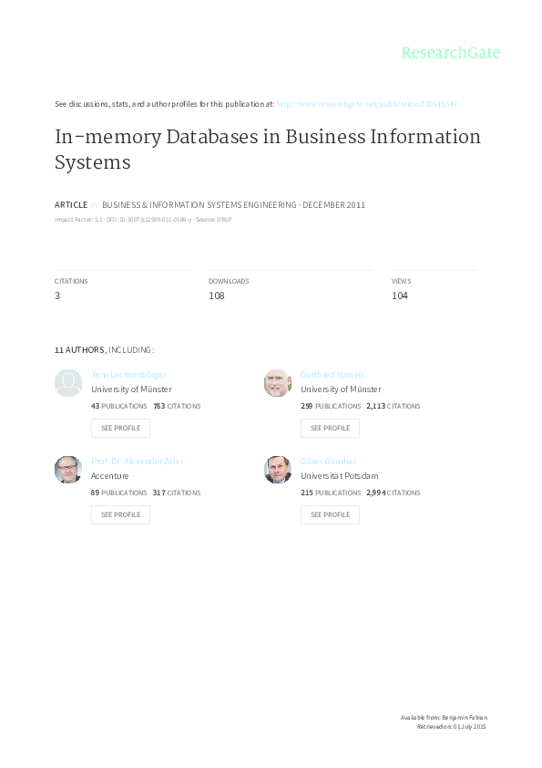 (PDF) In-memory Databases in Business Information Systems
