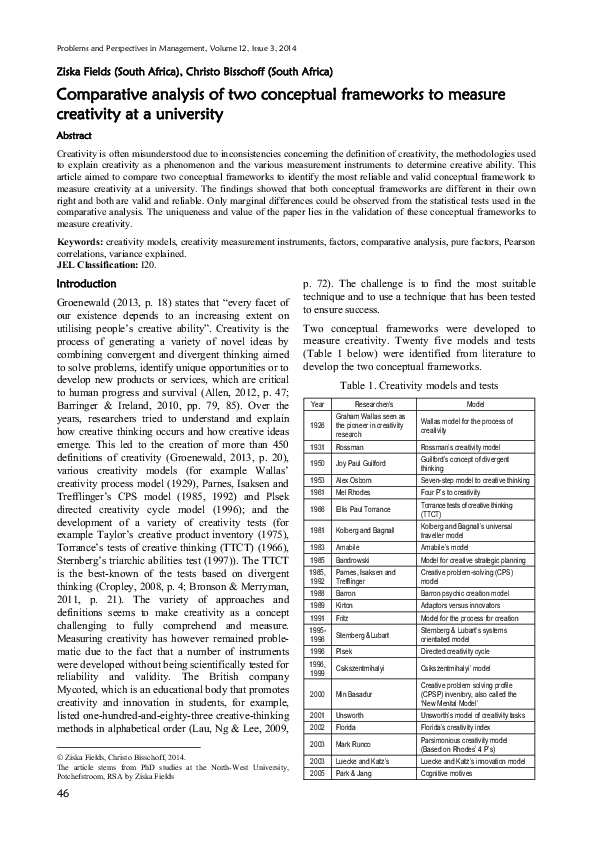 Pdf Comparative Analysis Of Two Conceptual Frameworks To Measure Creativity At A University