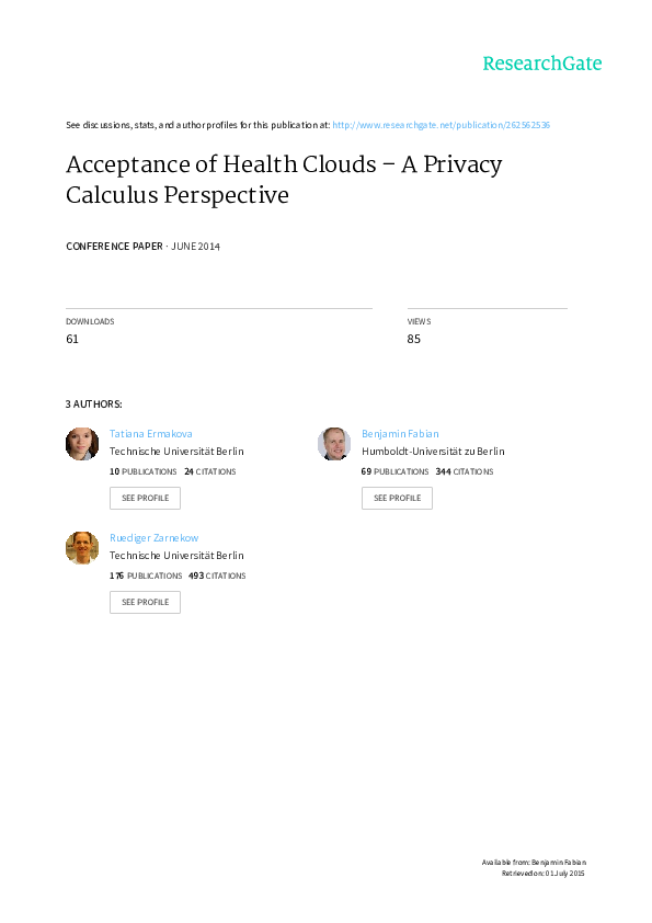 (PDF) Acceptance of Health Clouds – A Privacy Calculus Perspective