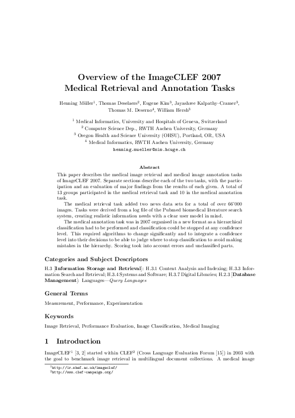 (PDF) Overview of the ImageCLEF 2007 Medical Retrieval and Annotation Tasks