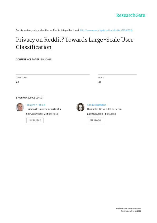 (PDF) Privacy on Reddit? Towards Large-Scale User Classification