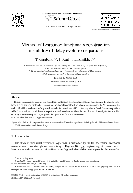(PDF) Method of Lyapunov functionals construction in stability of delay evolution equations