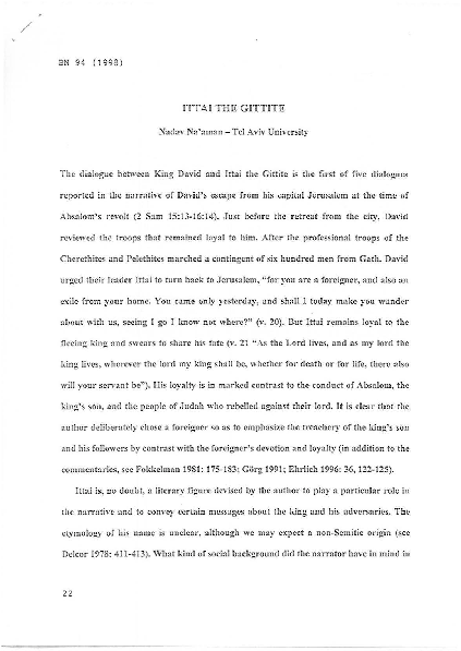 (PDF) Ittai the Gittite, Biblische Notizen 94 (1998), pp. 22-25.