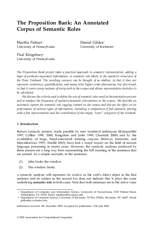(PDF) The Proposition Bank: An Annotated Corpus of Semantic Roles