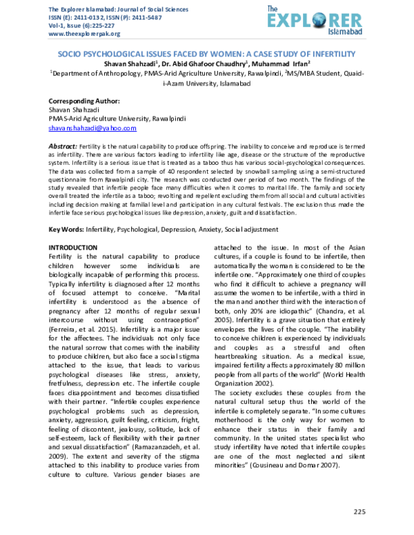 (PDF) SOCIO PSYCHOLOGICAL ISSUES FACED BY WOMEN: A CASE STUDY OF ...