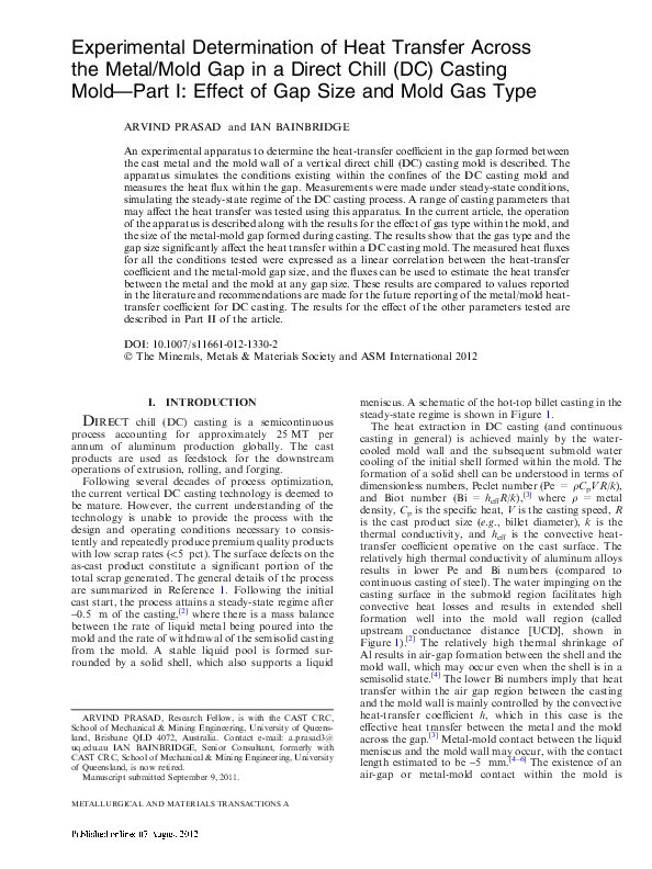 (PDF) Experimental Determination of Heat Transfer Across the Metal/Mold ...