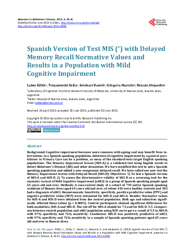 (PDF) Spanish Version of Test MIS (*) with Delayed Memory Recall ...