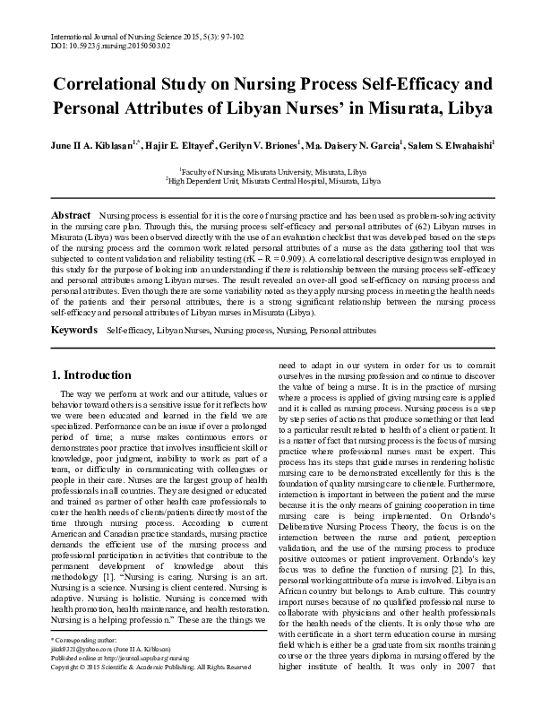 (PDF) Correlational Study on Nursing Process Self-efficacy and Personal ...