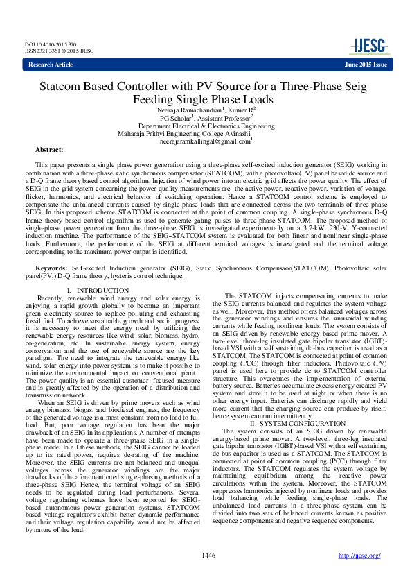 Pdf Statcom Based Controller With Pv Source For A Three Phase Seig