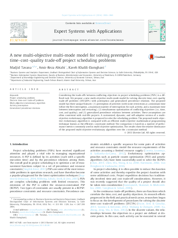 Pdf A New Multi Objective Multi Mode Model For Solving Preemptive Timecostquality Trade Off