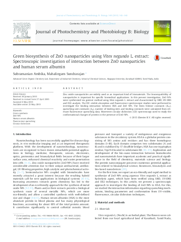(PDF) Green biosynthesis of ZnO nanoparticles using Vitex negundo L. extract: Spectroscopic ...