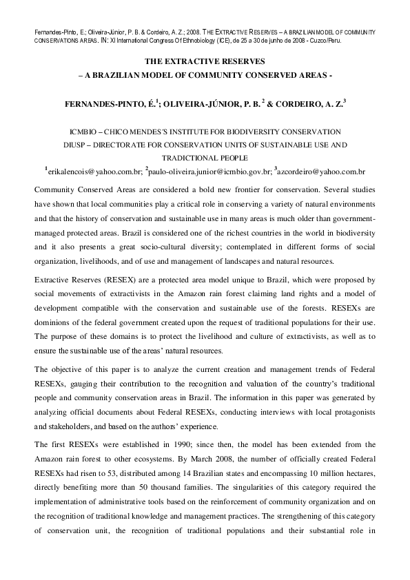 (PDF) THE EXTRACTIVE RESERVES – A BRAZILIAN MODEL OF COMMUNITY ...