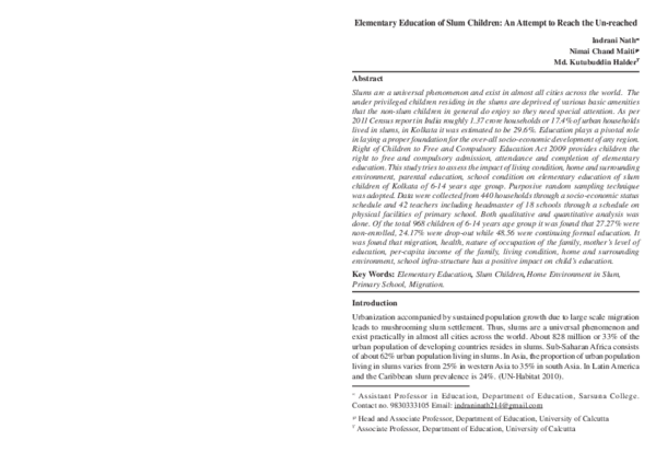 (PDF) Elementary Education of Slum Children: An Attempt to Reach the Un ...