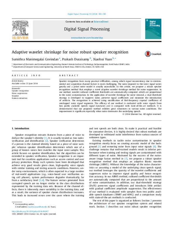 (PDF) Adaptive wavelet shrinkage for noise robust speaker recognition