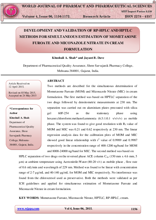 Pdf Development And Validation Of Rp Hplc And Hptlc Methods For