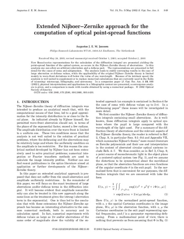 (PDF) Extended Nijboer–Zernike approach for the computation of optical point-spread functions