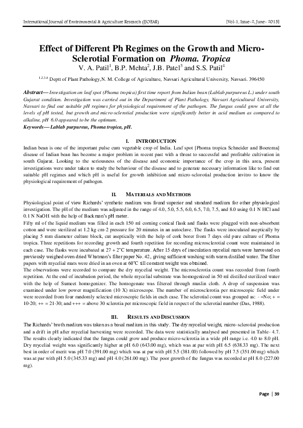 Effect of Different Ph Regimes on the Growth and Micro-Sclerotial Formation on Phoma. Tropica