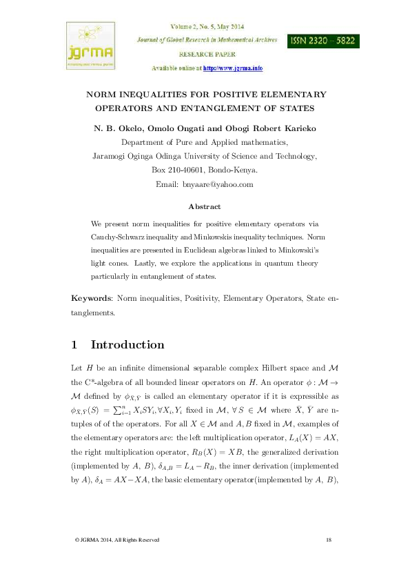 (PDF) NORM INEQUALITIES FOR POSITIVE ELEMENTARY OPERATORS AND ...