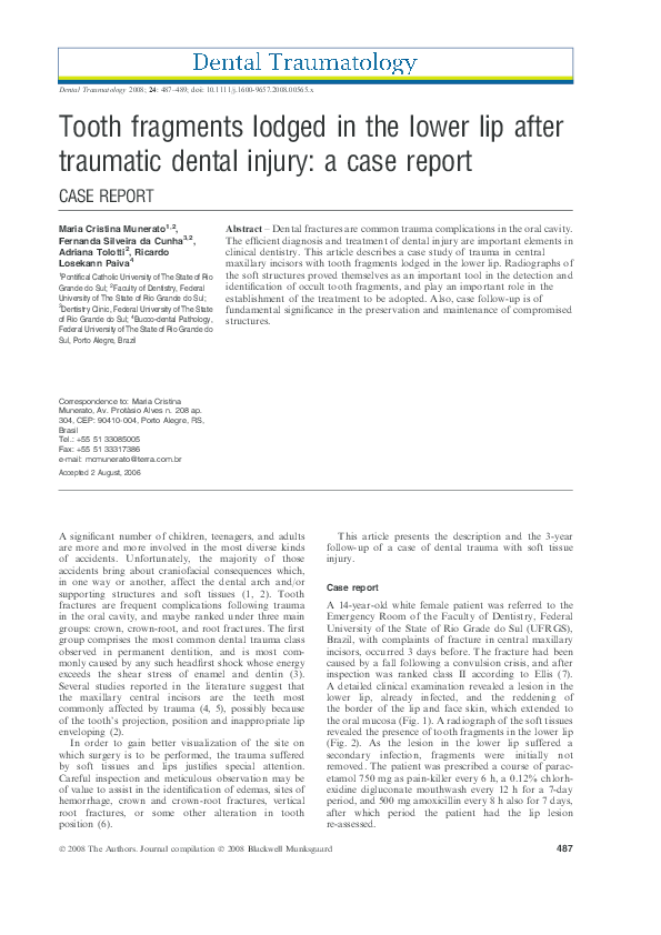 (PDF) Tooth fragments lodged in the lower lip after traumatic dental ...
