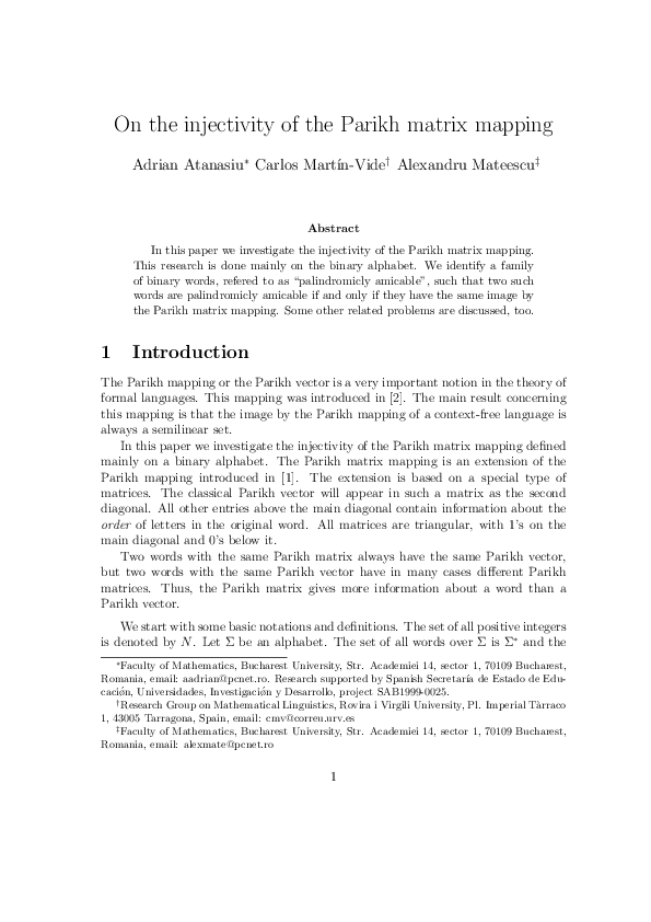 (PDF) On the injectivity of the Parikh matrix mapping