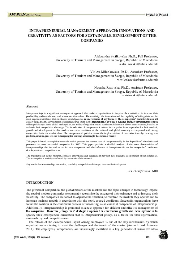 (PDF) INTRAPRENEURIAL MANAGEMENT APPROACH: INNOVATIONS AND CREATIVITY ...