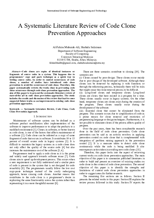 (PDF) A Systematic Literature Review of Code Clone Prevention Approaches