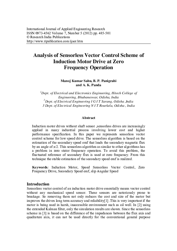 Pdf Analysis Of Sensorless Vector Control Scheme Of Induction Motor Drive At Zero Frequency