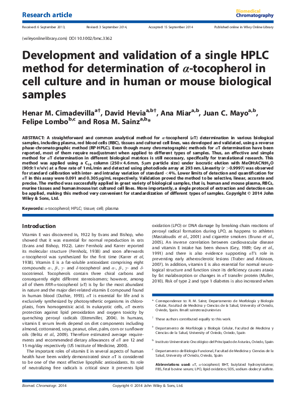 (PDF) Development and validation of a single HPLC method for determination of alpha-tocopherol