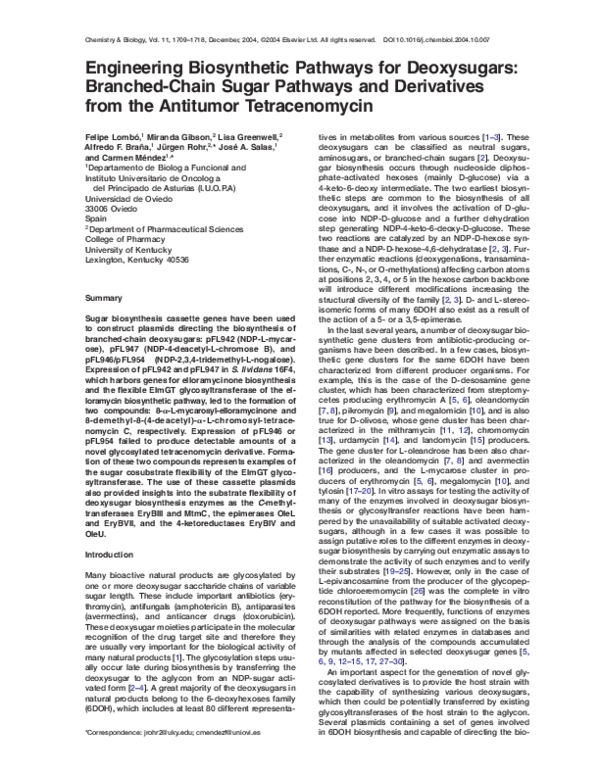 (PDF) Engineering biosynthetic pathways for deoxysugars branched chain ...