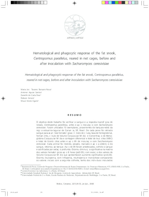 (PDF) Hematology and phagocytisis in fat snook , Centropomus parallelus ...