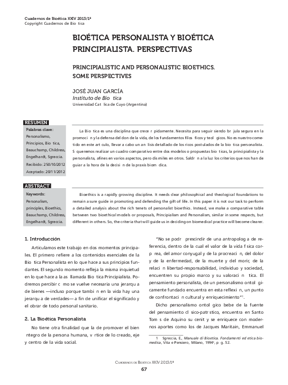 (PDF) BIOÉTICA PERSONALISTA Y BIOÉTICA PRINCIPIALISTA. PERSPECTIVAS ...