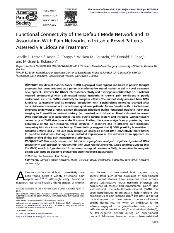 (PDF) Letzen-Functional Connectivity DMN IBS Pain Lidocaine-2013