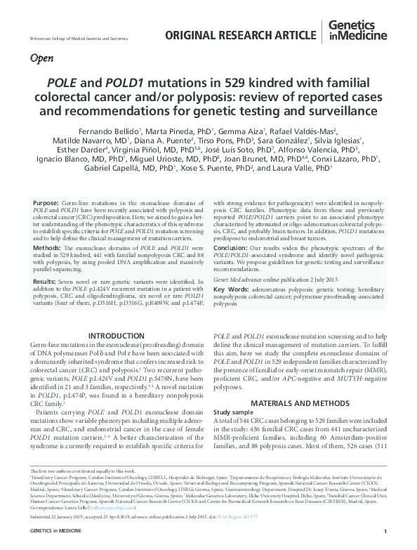 (PDF) POLE and POLD1 mutations in 529 kindred with familial colorectal ...