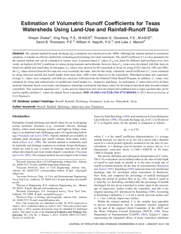 (PDF) Estimation of Volumetric Runoff Coefficients for Texas Watersheds ... (PDF) Estimation of Volumetric Runoff Coefficients for Texas Watersheds ...