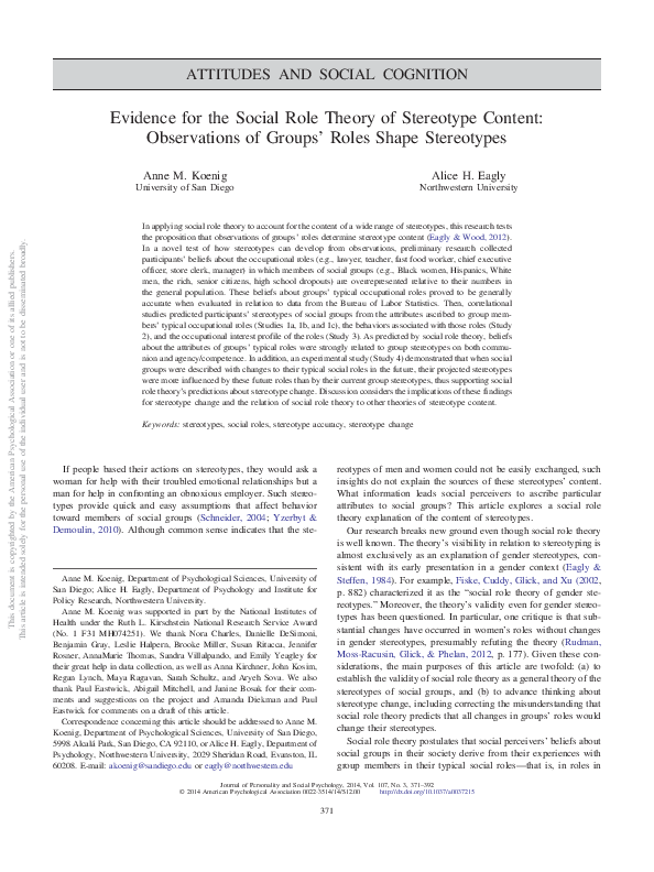 (PDF) Evidence for the social role theory of stereotype content ...