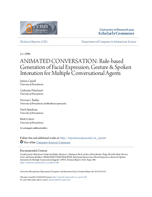 (PDF) Animated conversation: rule-based generation of facial expression, gesture & spoken ...