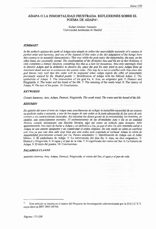(PDF) Adapa o la inmortalidad frustrada. Reflexiones sobre el poema de ...
