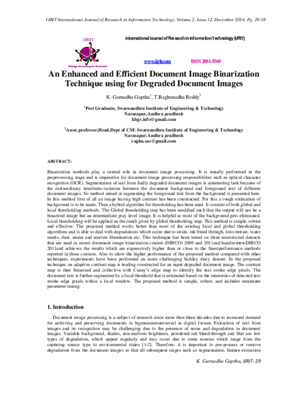 (PDF) An Enhanced and Efficient Document Image Binarization Technique using for Degraded ...
