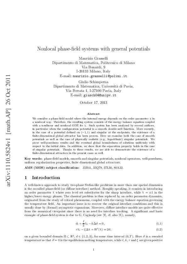 (PDF) Nonlocal phase-field systems with general potentials | Maurizio Grasselli - Academia.edu