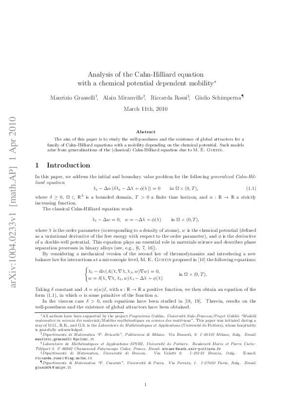 (PDF) Analysis of the Cahn-Hilliard equation with a chemical potential dependent mobility