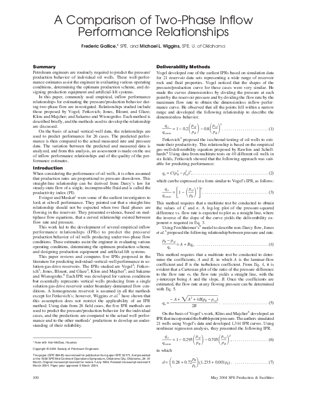 (PDF) A Comparison of Two-Phase Inflow Performance Relationships