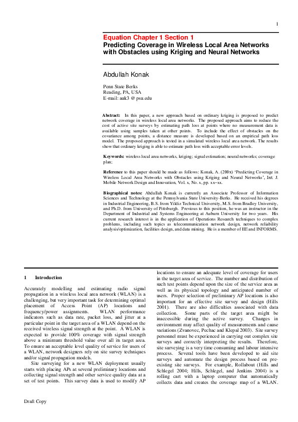 Pdf Predicting Coverage In Wireless Local Area Networks With Obstacles Using Kriging And